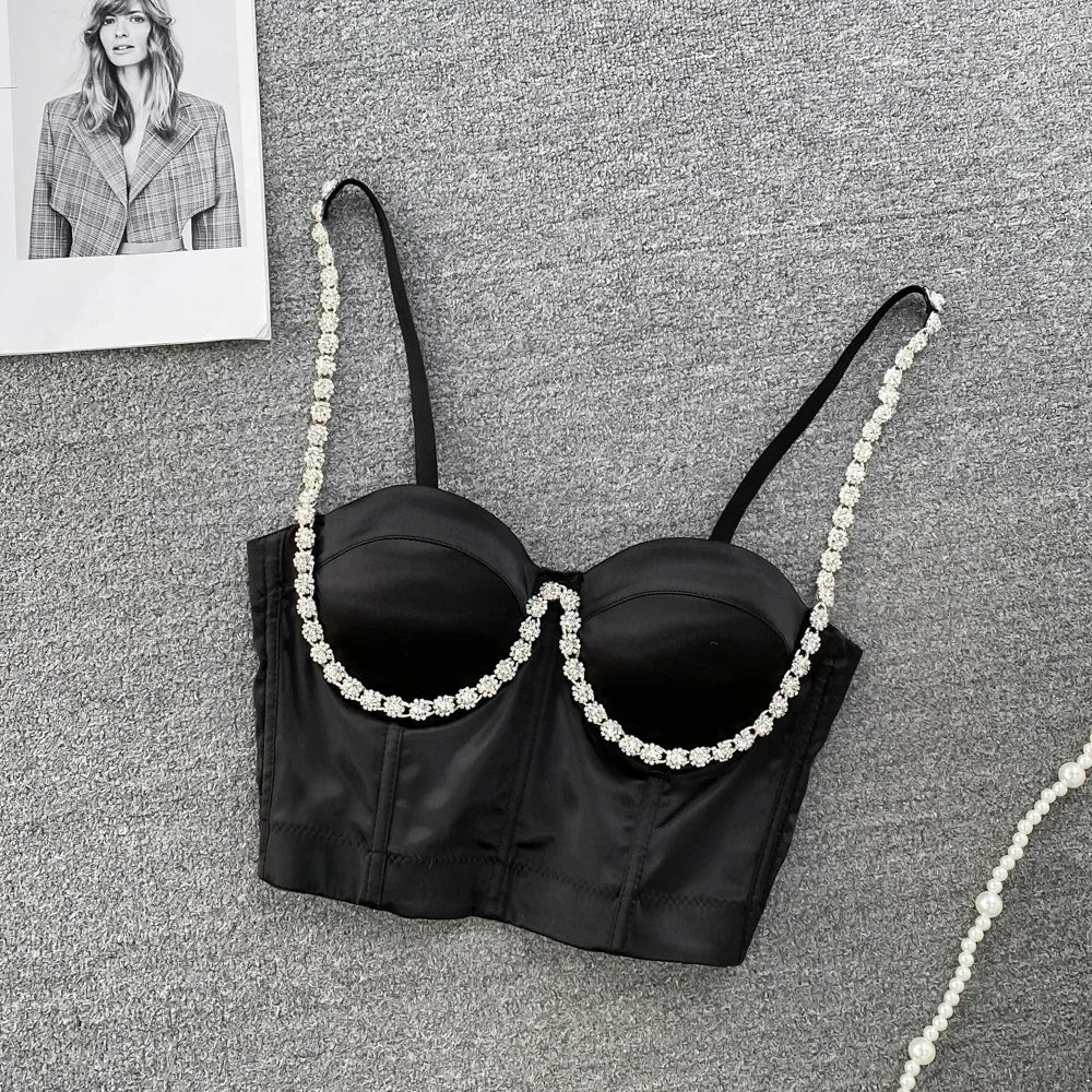 Black Satin Bustier With Rhinestone Embellished Straps on Luulla