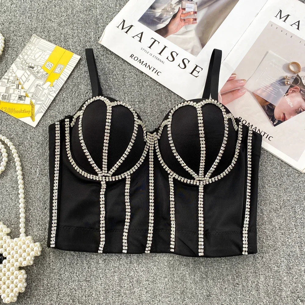 Rhinestone Embellished Black Strap Bustier Top on Luulla