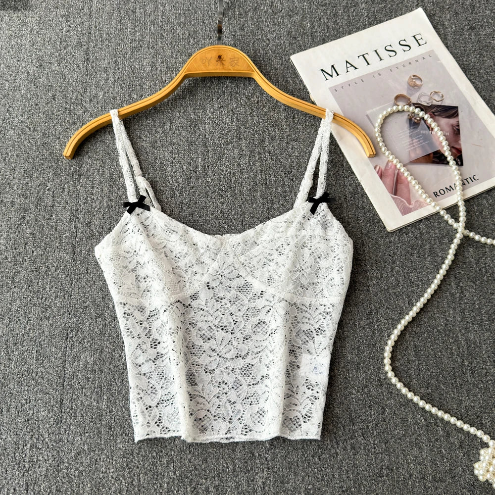 Elegant White Lace Camisole Top With Bow on Luulla