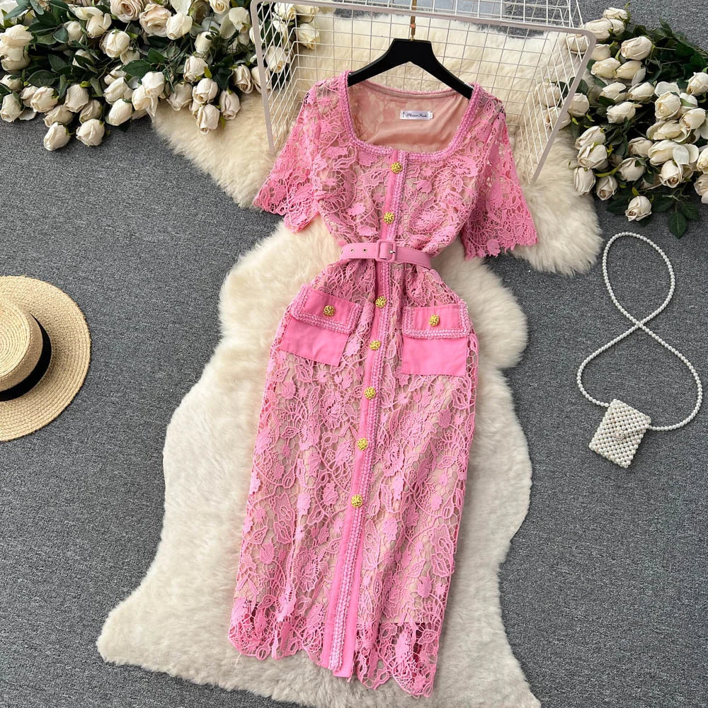 Pink Lace Belted Midi Dress With Sleeves on Luulla