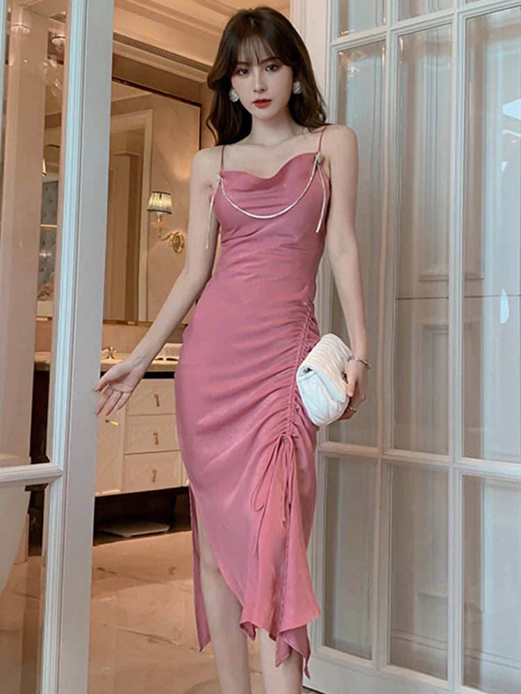Elegant Pink Ruched Satin Midi Dress on Luulla