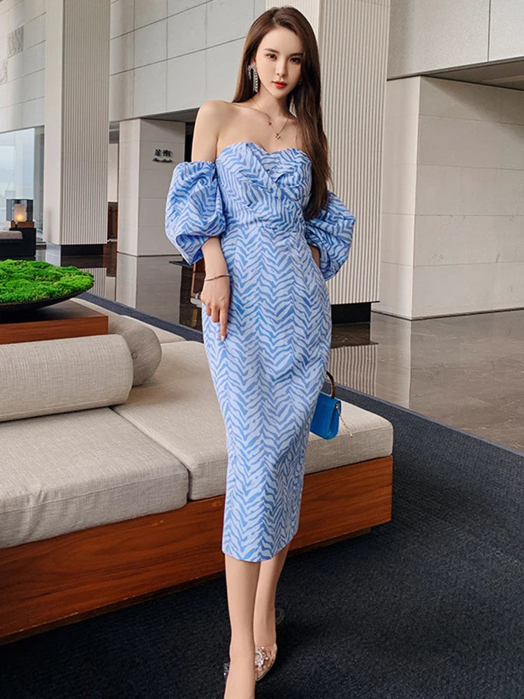 Off-shoulder Puff Sleeve Midi Dress Blue on Luulla