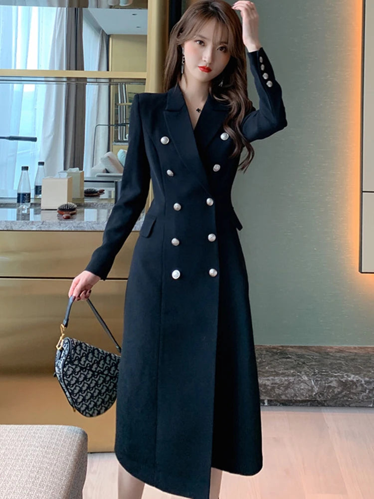 Elegant Double-breasted Black Winter Coat Dress on Luulla