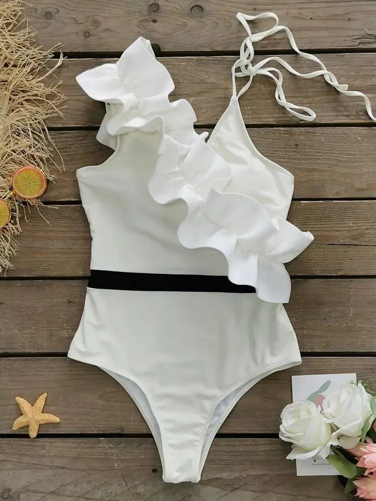 Elegant White Ruffled One-shoulder Swimsuit For Women on Luulla