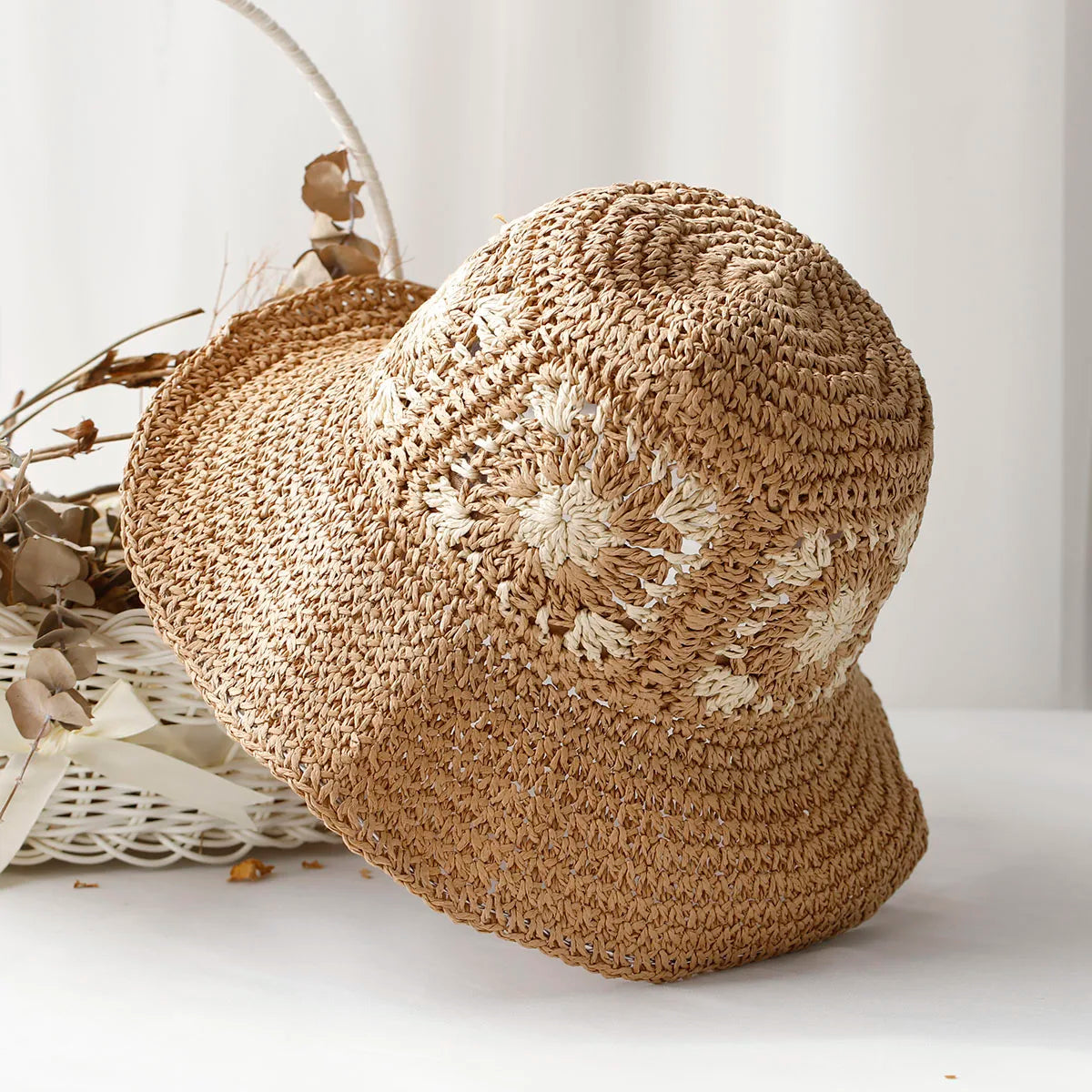 Handwoven Straw Hat With Floral Crochet Detail on Luulla