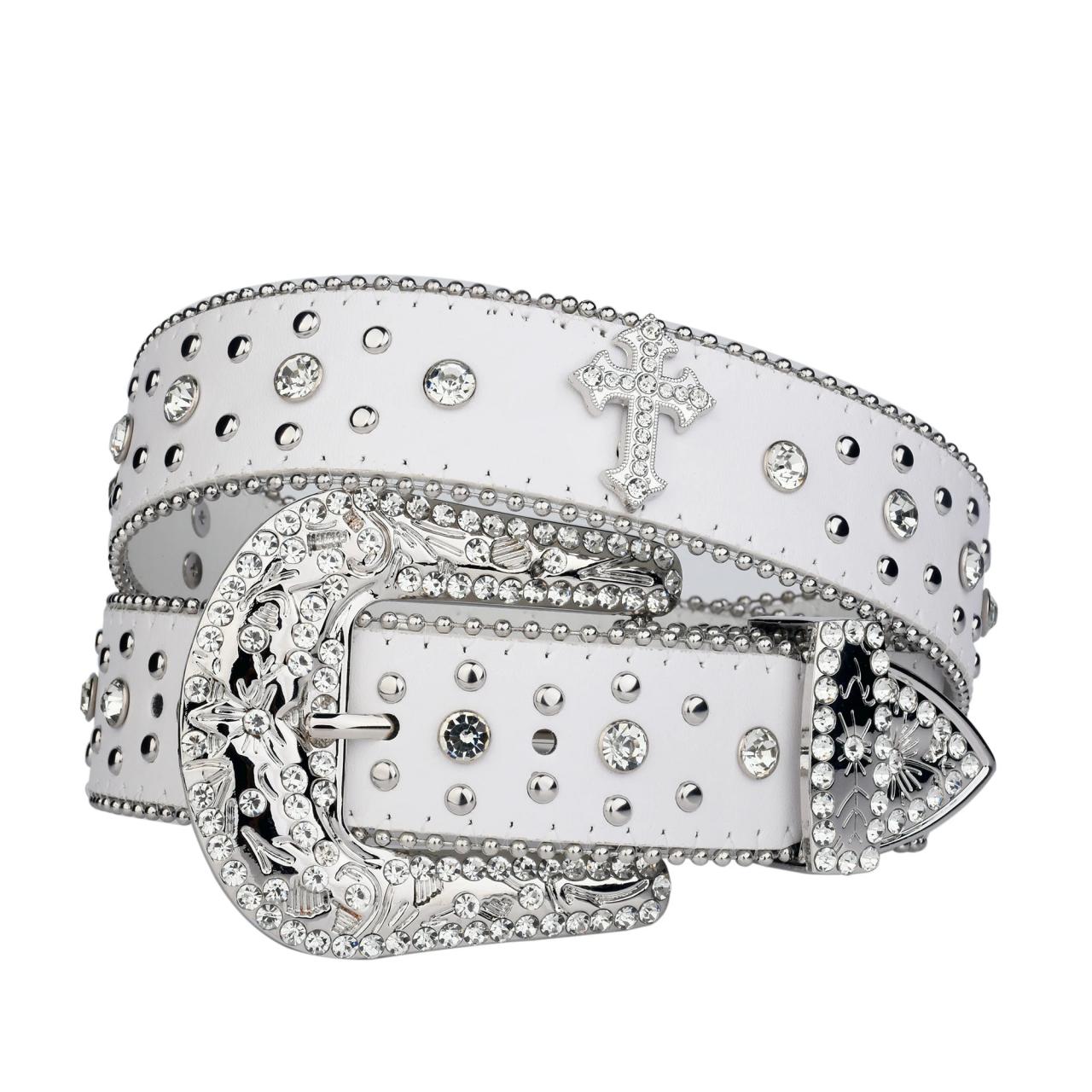 Elegant White Leather Rhinestone Studded Western Belt on Luulla