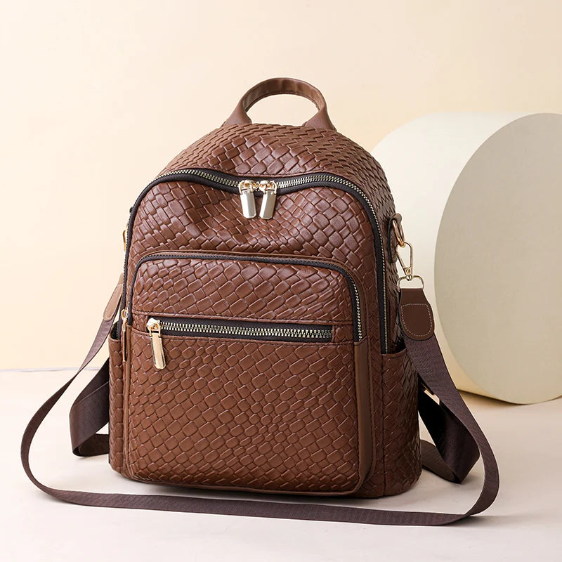 Woven Leather Backpack With Multiple Zippered Compartments on Luulla