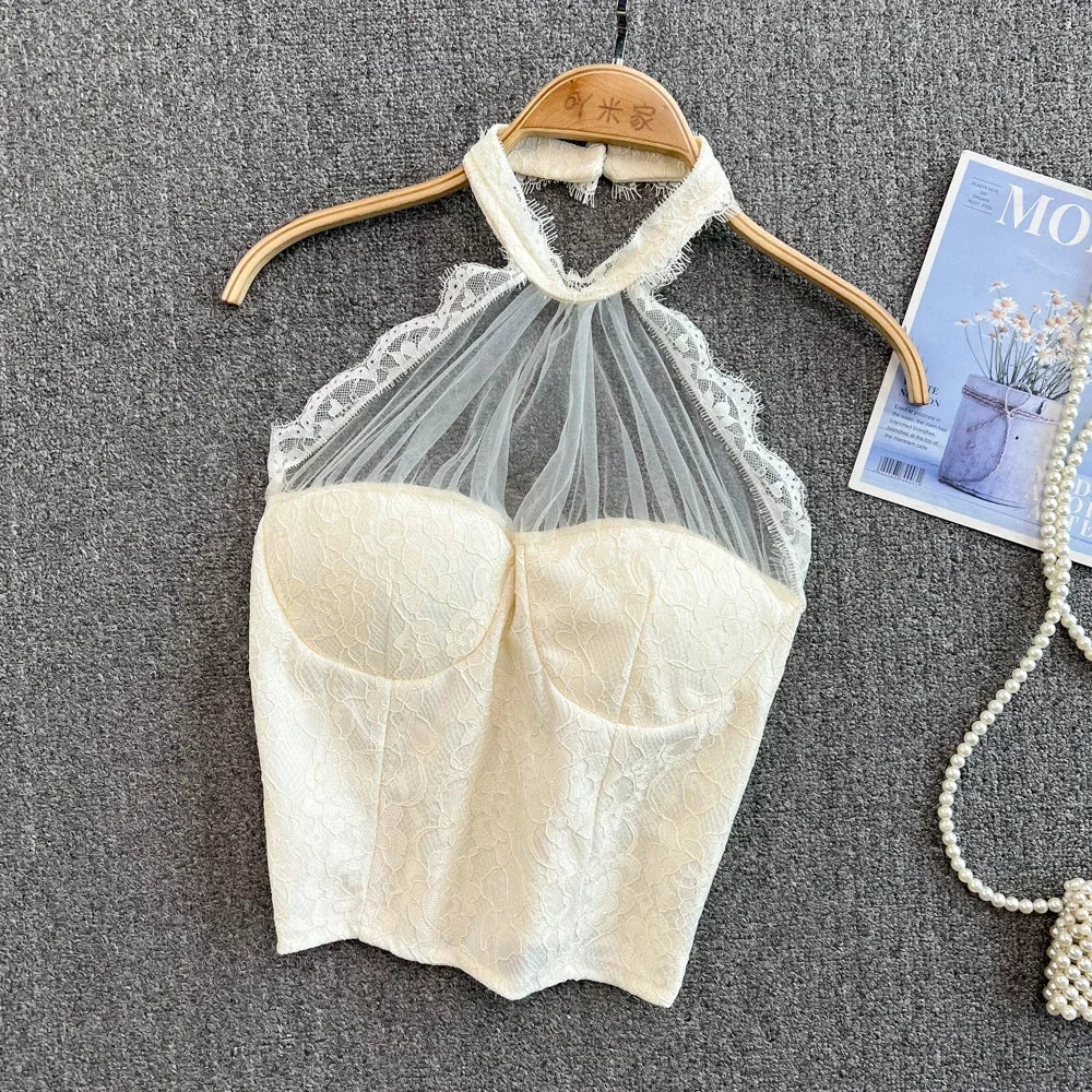 Elegant Lace Halter Top With Sheer Panel on Luulla