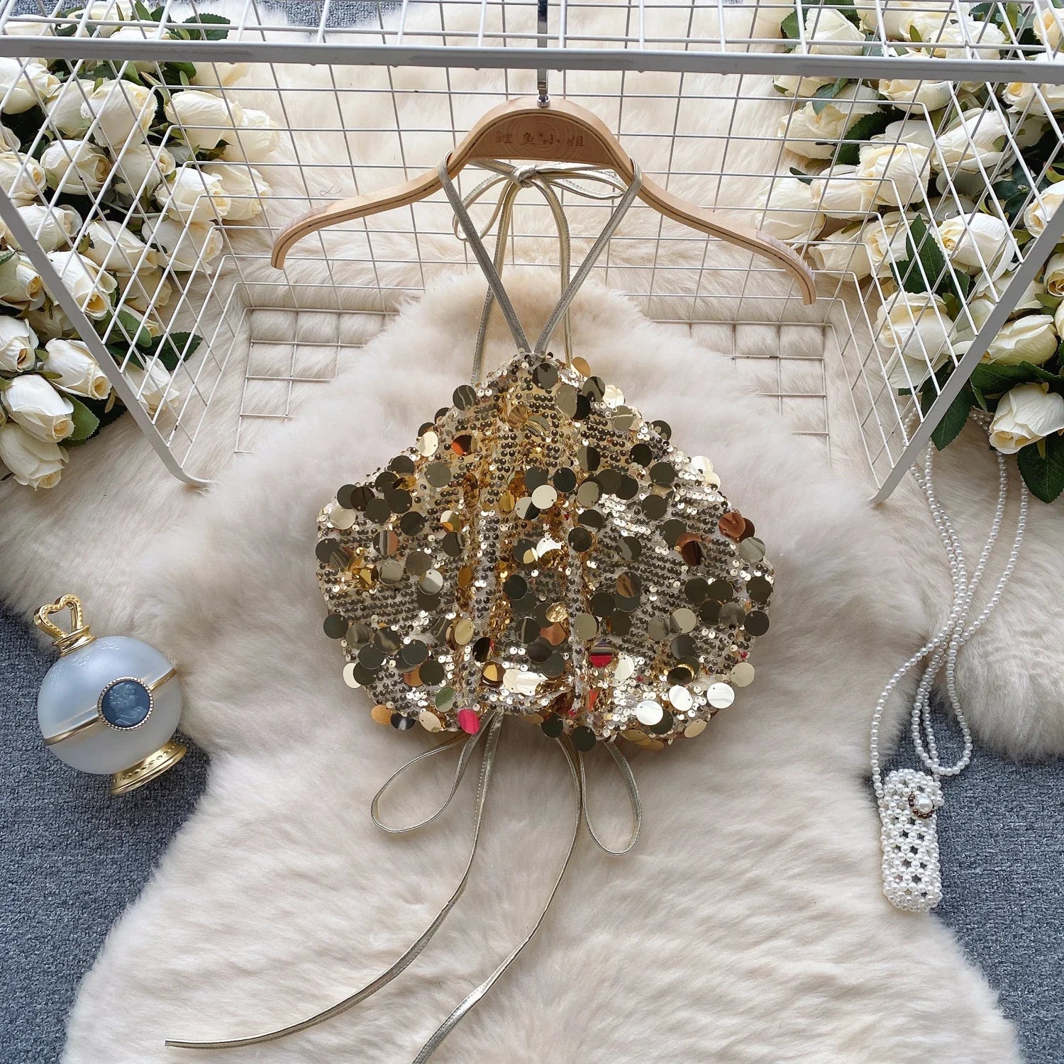 Glamorous Gold Sequin Halter Top Party Wear on Luulla