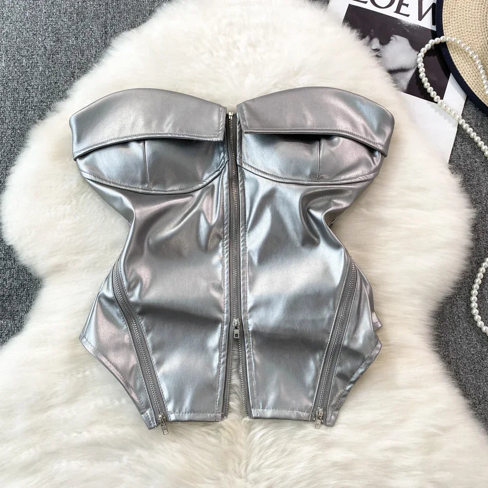 Silver Metallic Zip Front Corset Bustier Top on Luulla