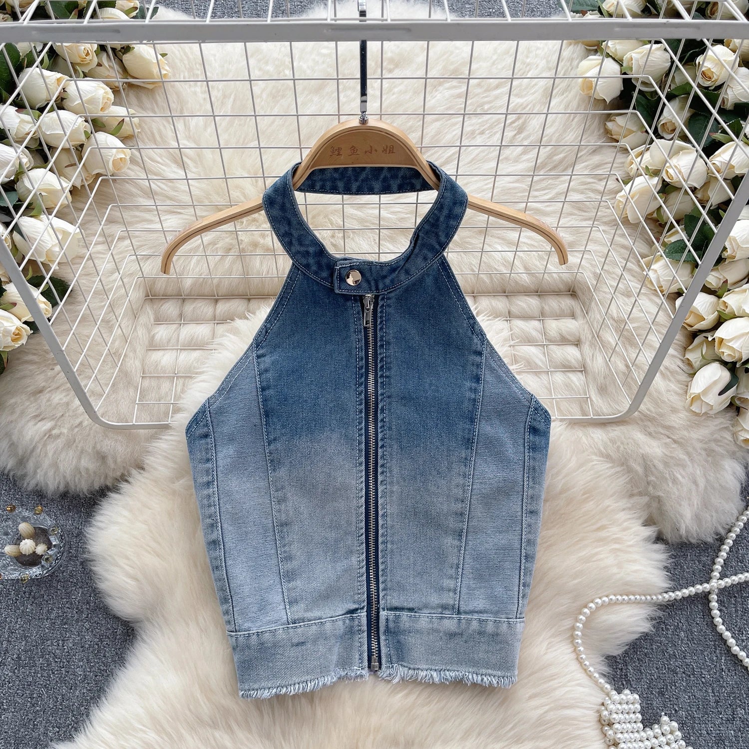 Denim Halter Top With Front Zipper Closure on Luulla