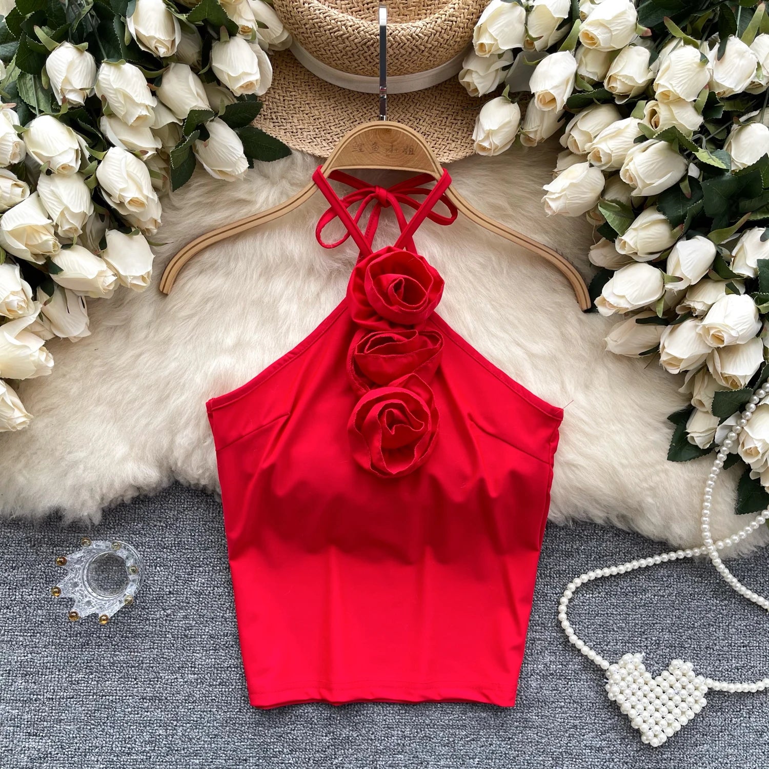 Red Halter Neck Top With Rose Accents on Luulla