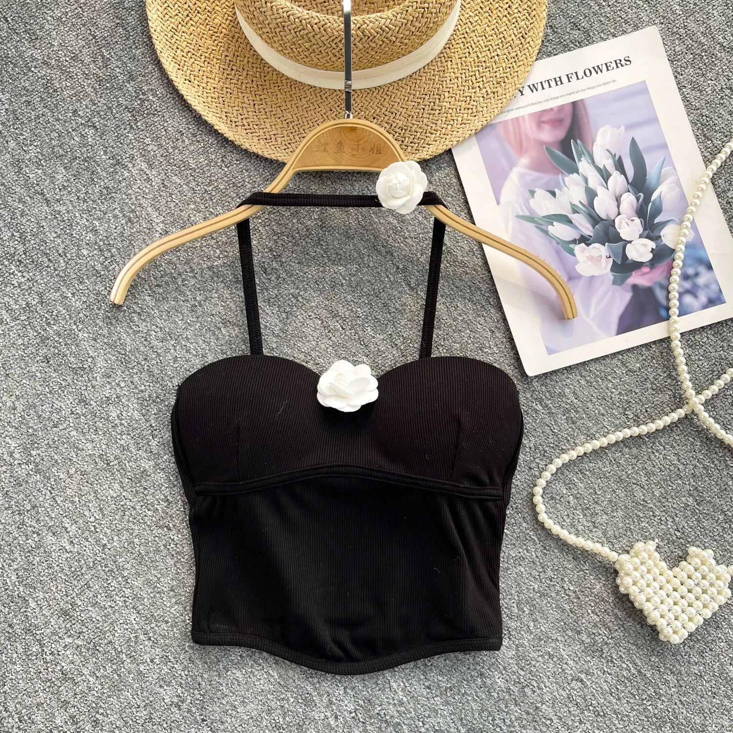 Chic Black Strapless Top With White Flower on Luulla