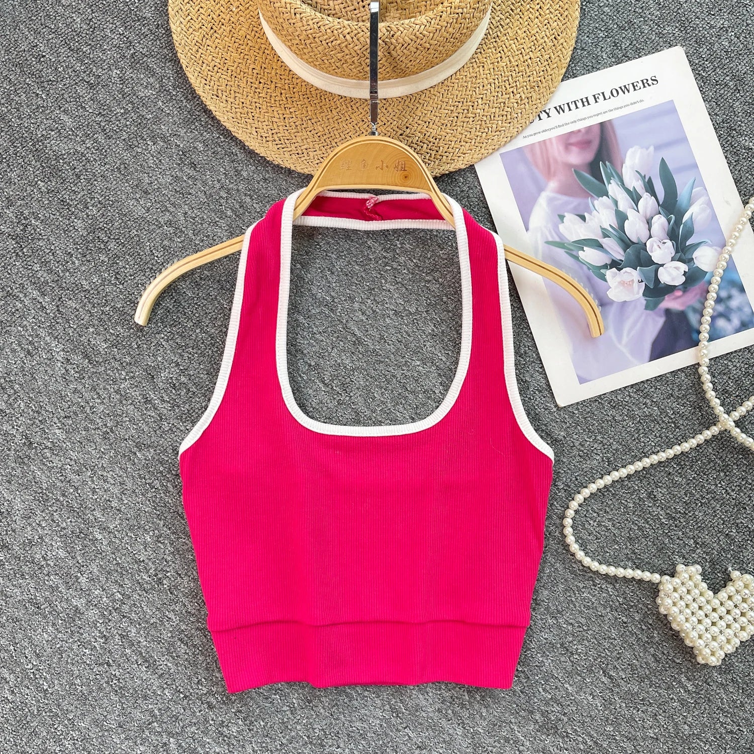 Stylish Pink Ribbed Crop Tank Top on Luulla