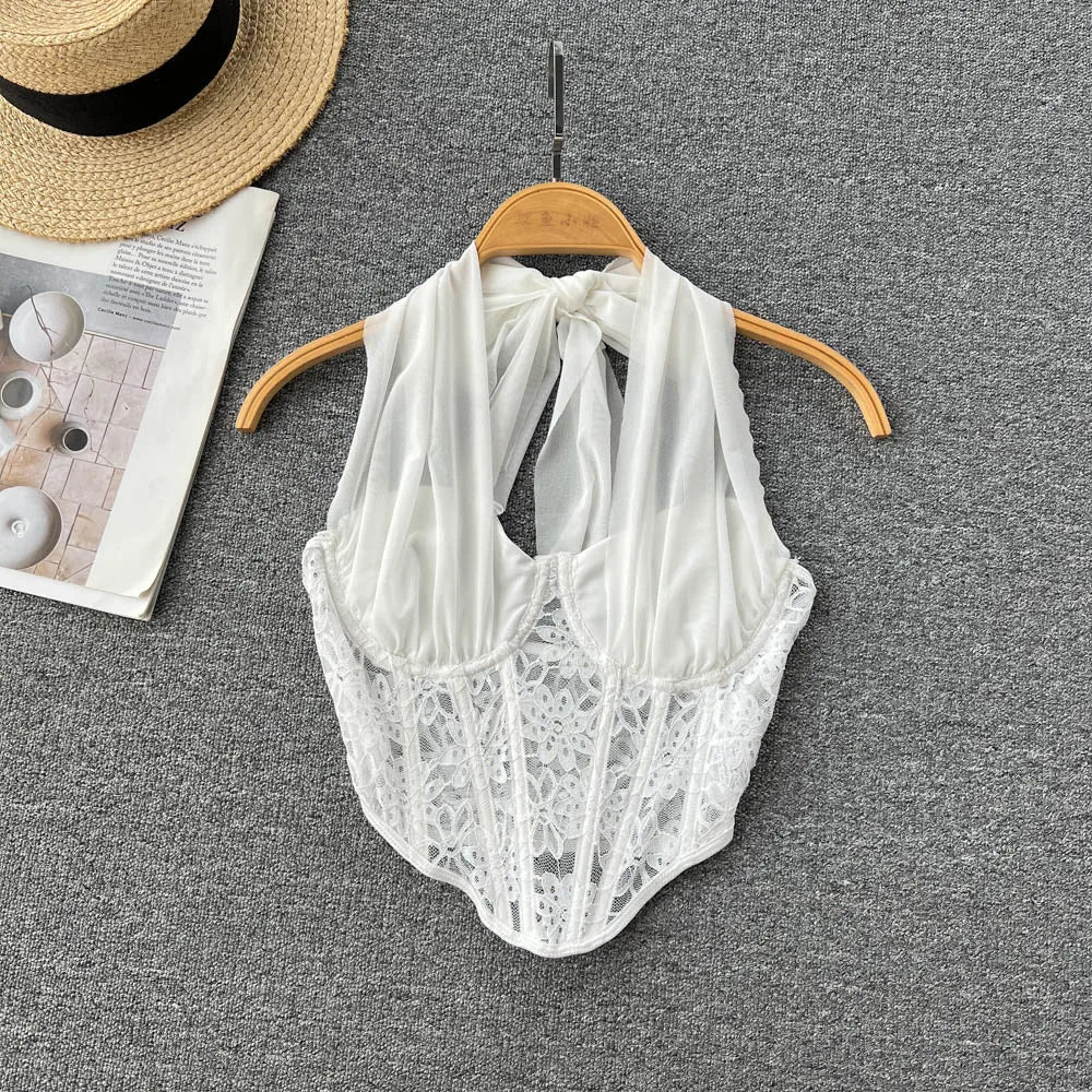 Elegant White Lace And Chiffon Halter Top on Luulla