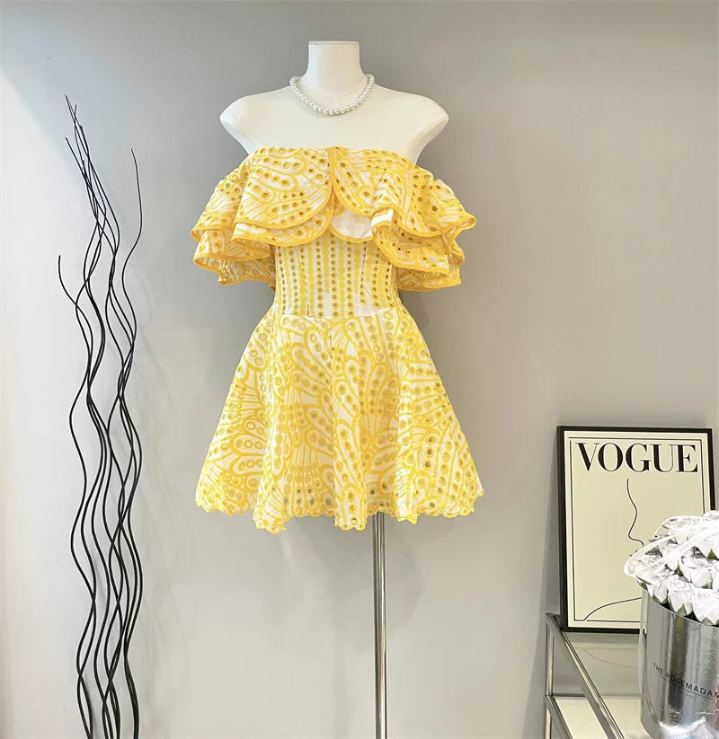 Off-shoulder Yellow Dress With Lace Detailing on Luulla