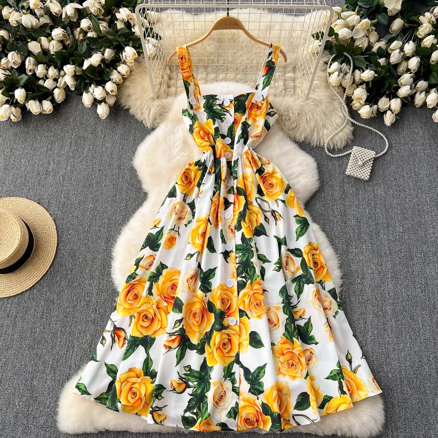 Summer Floral Button-down Sundress With Yellow Roses on Luulla