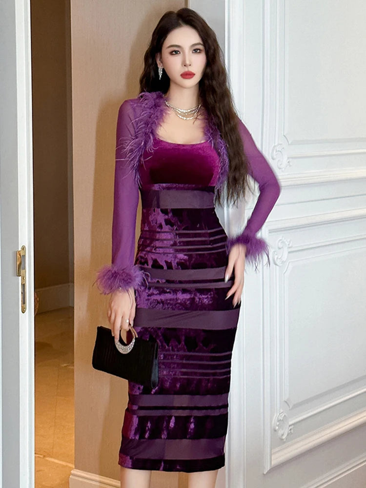 Elegant Purple Velvet Bodycon Dress With Feathers on Luulla