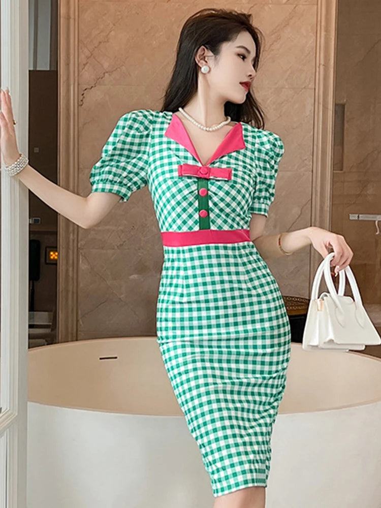 Vintage Green Plaid Puff Sleeve Pencil Dress On Luulla