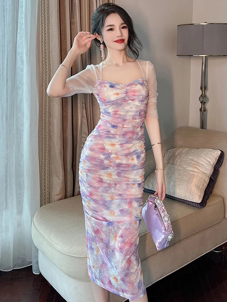 Elegant Floral Ruched Bodycon Dress With Sheer Sleeves on Luulla