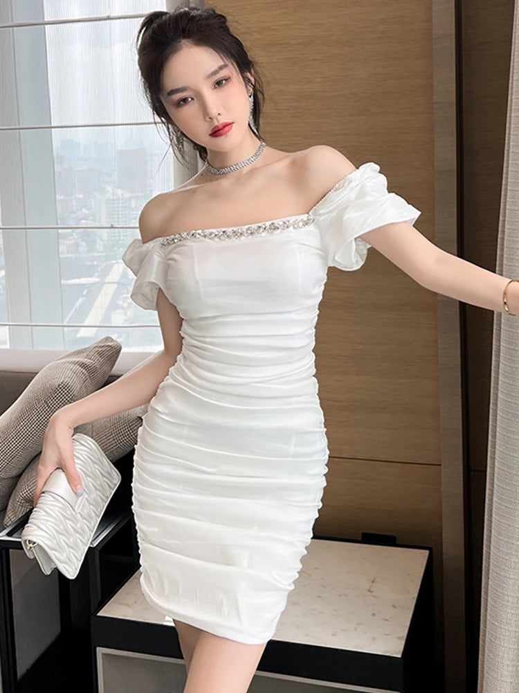Elegant Off-shoulder White Ruched Mini Dress on Luulla