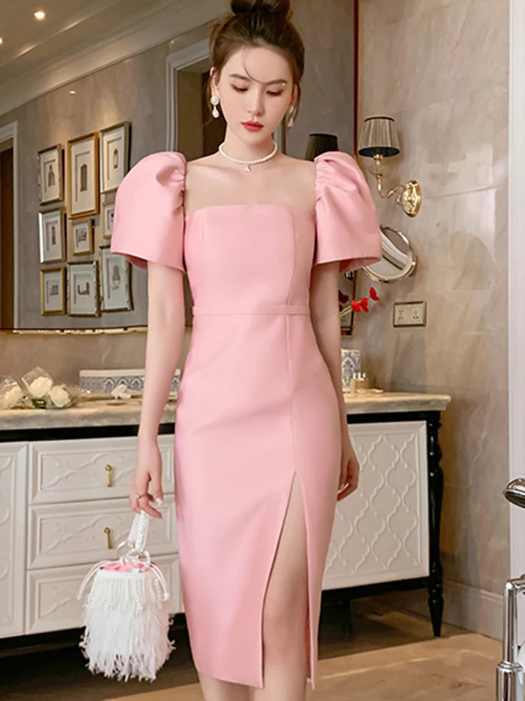 Elegant Pink Puff Sleeve Cocktail Dress on Luulla