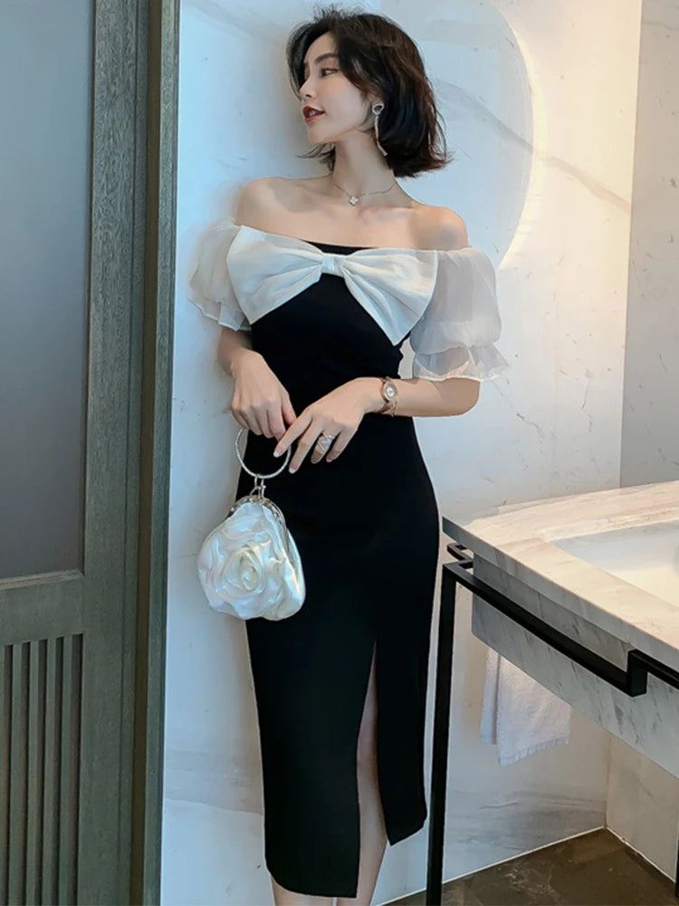 Off-shoulder Black Dress With Sheer Sleeves Bow on Luulla