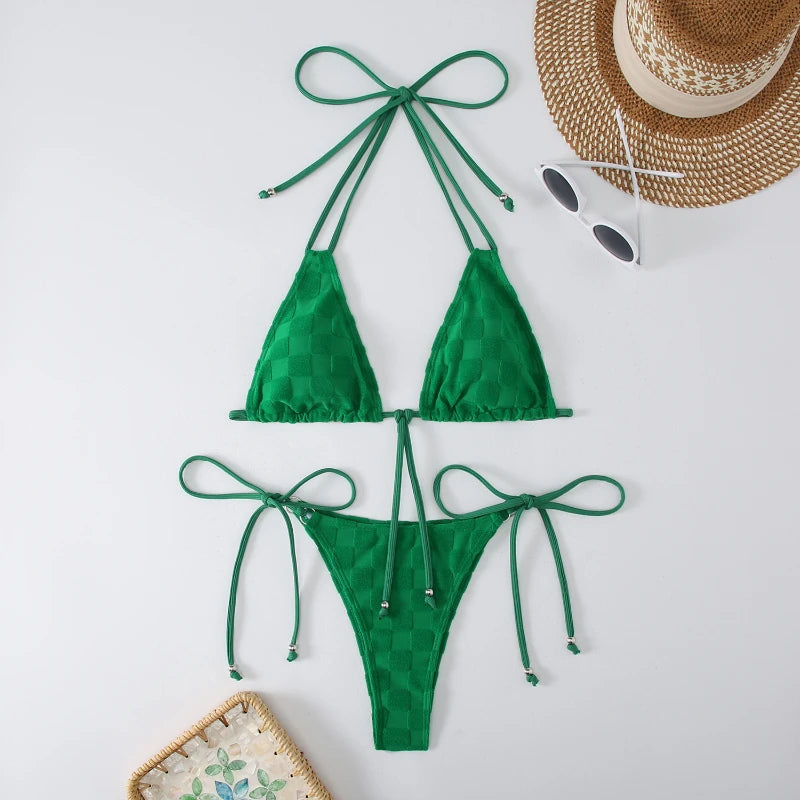 Emerald Green Checkered Triangle String Bikini Set on Luulla