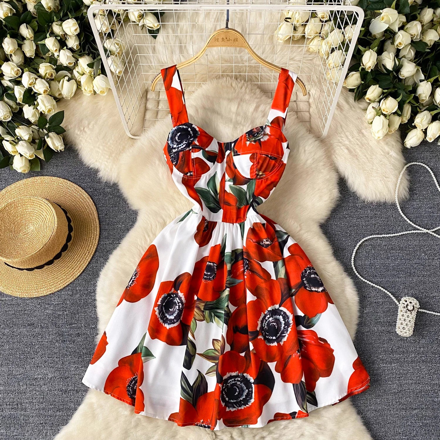 Floral Summer Dress With Red Poppy Print on Luulla