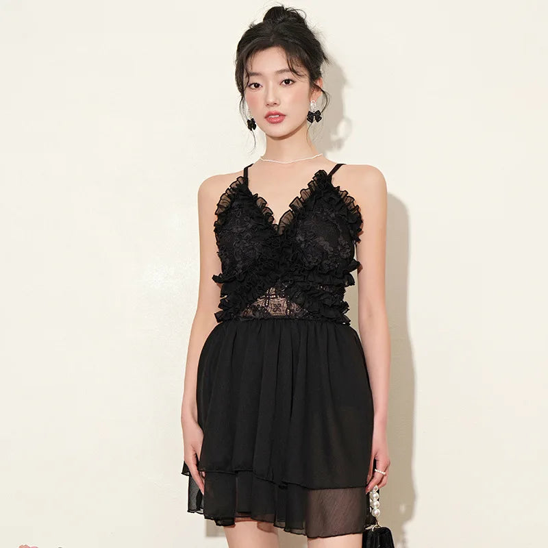Elegant Black Lace Overlay Mini Dress on Luulla