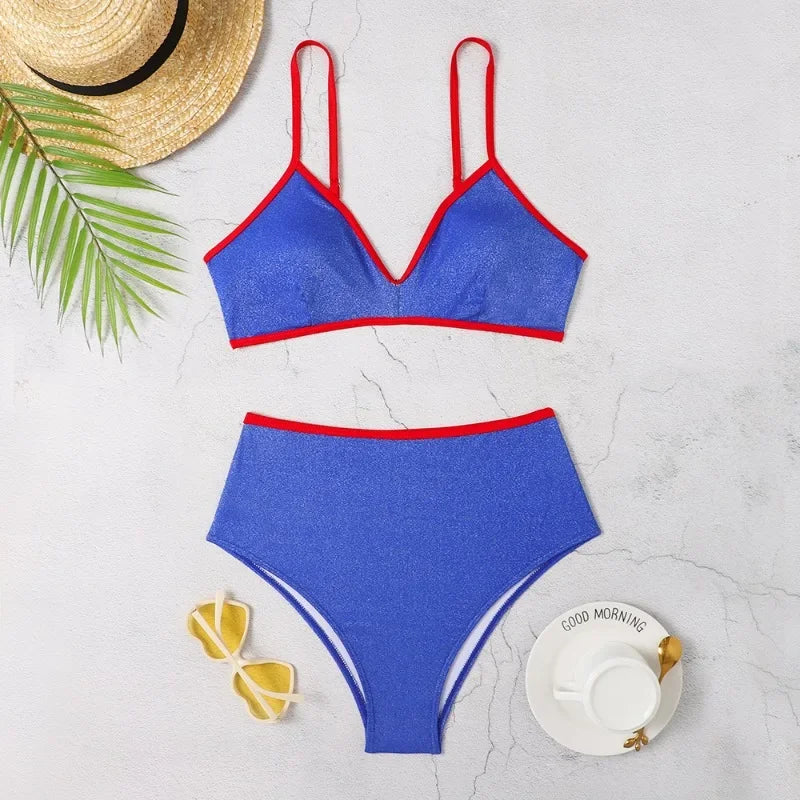 Womens High-waist Blue Bikini Set Swimsuit on Luulla