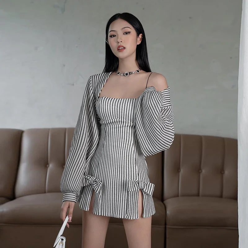 Stylish Black And White Patterned Mini Dress on Luulla