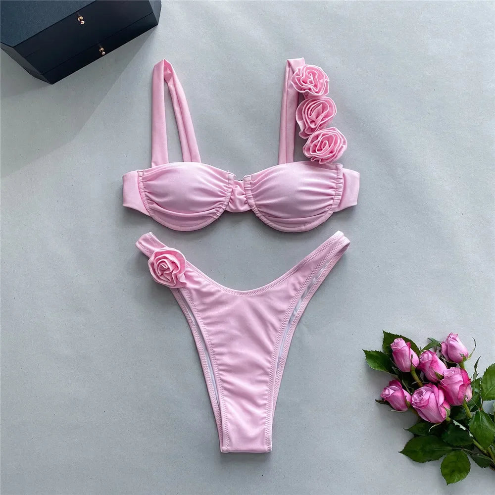 Pink Floral Embellished Two-piece Bikini Set on Luulla