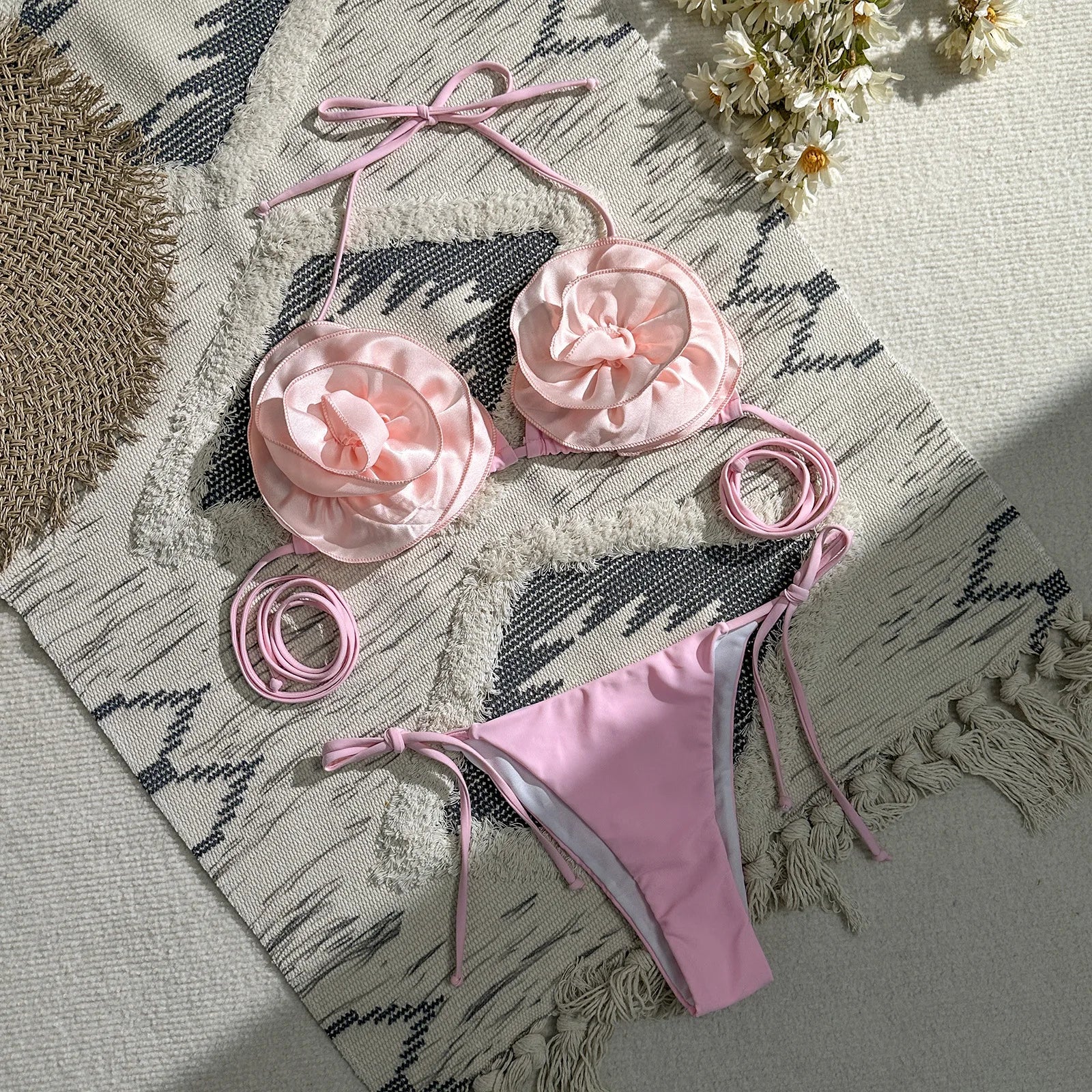 Floral Pink Ruffle Bikini Set For Women on Luulla