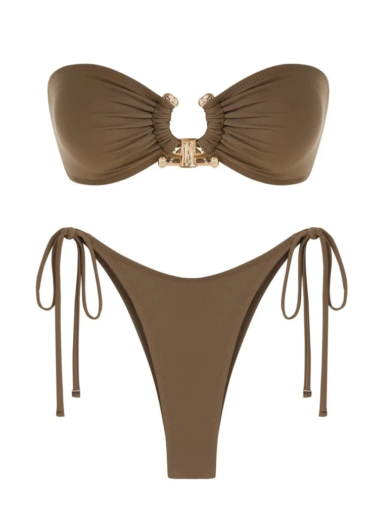 Strapless Brown Bikini Set With Golden Accents on Luulla