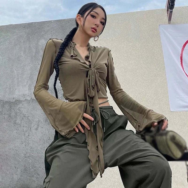 Olive Green Ruffle Tie-front Bell Sleeve Blouse on Luulla