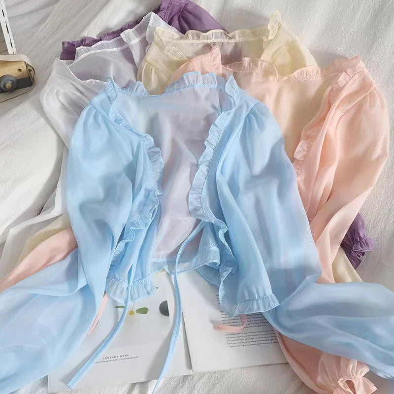 Sheer Ruffled Blouse In Pastel Color Variants on Luulla