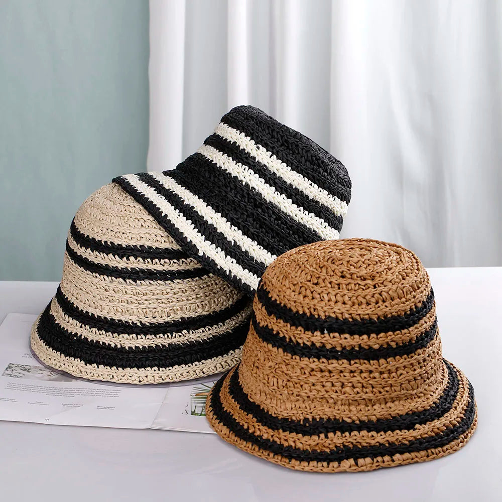 Straw Bucket Hat With Stylish Striped Design on Luulla