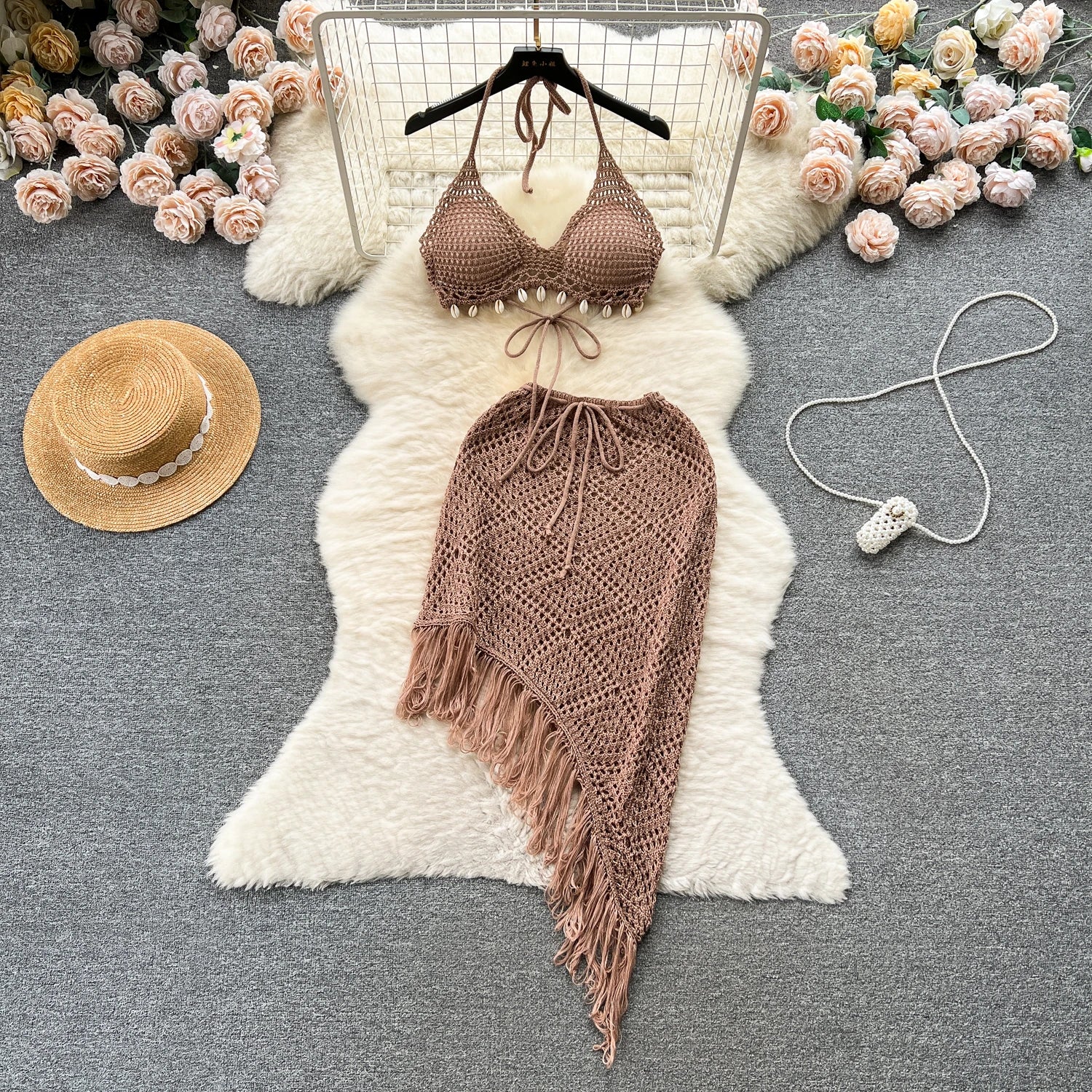 Boho Crochet Bikini Set With Fringe Skirt on Luulla