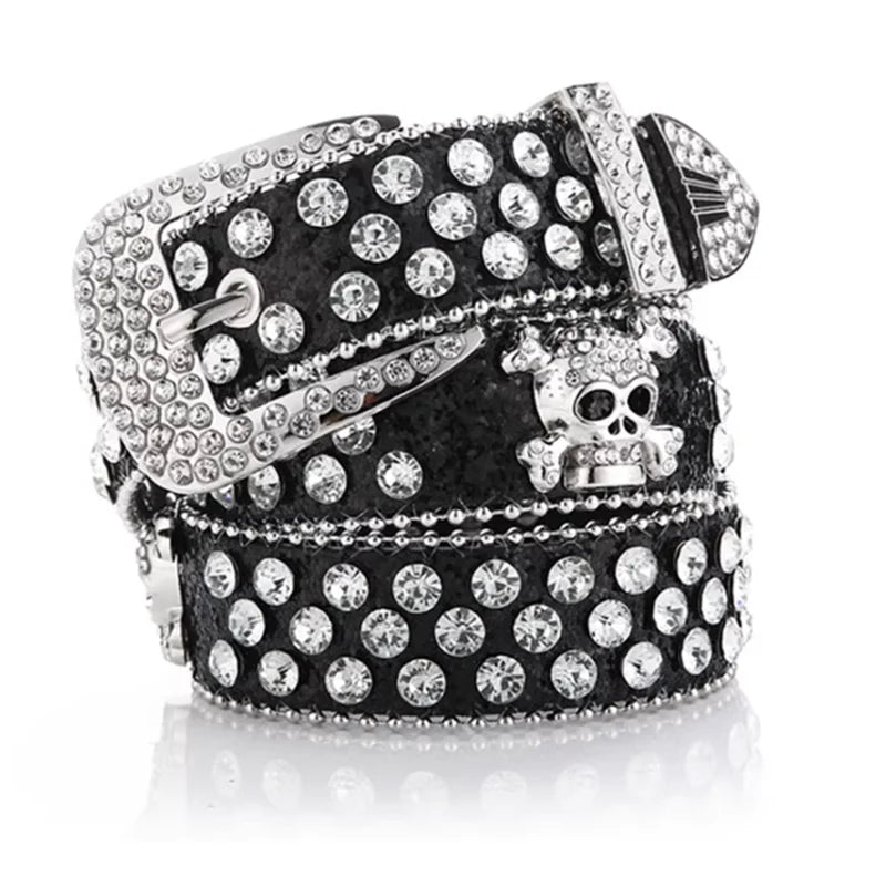 Black Rhinestone Belt With Skull Buckle Design on Luulla