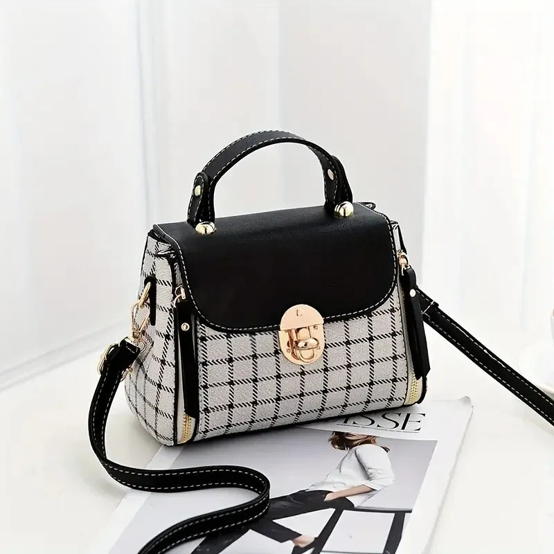 Elegant Checkered Handbag With Black Leather Flap on Luulla