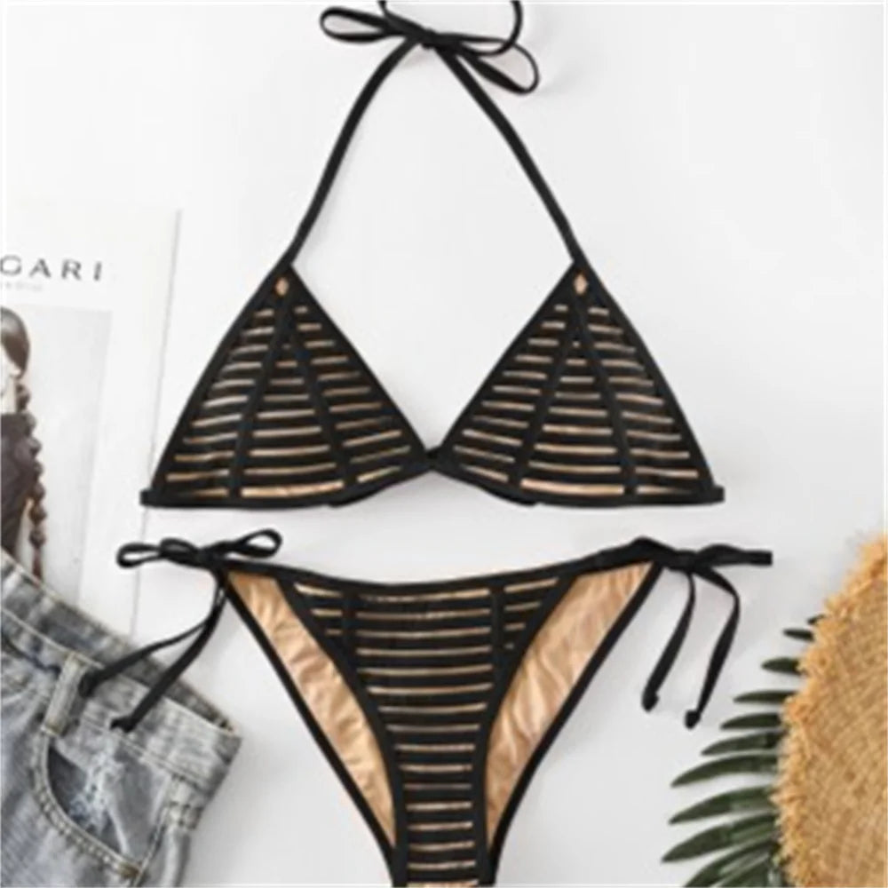 Black Striped Mesh Triangle Bikini Set Swimwear on Luulla