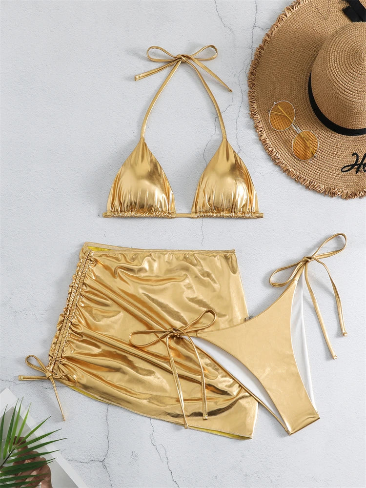 Metallic Gold Triangle Bikini Set With Cover-up on Luulla