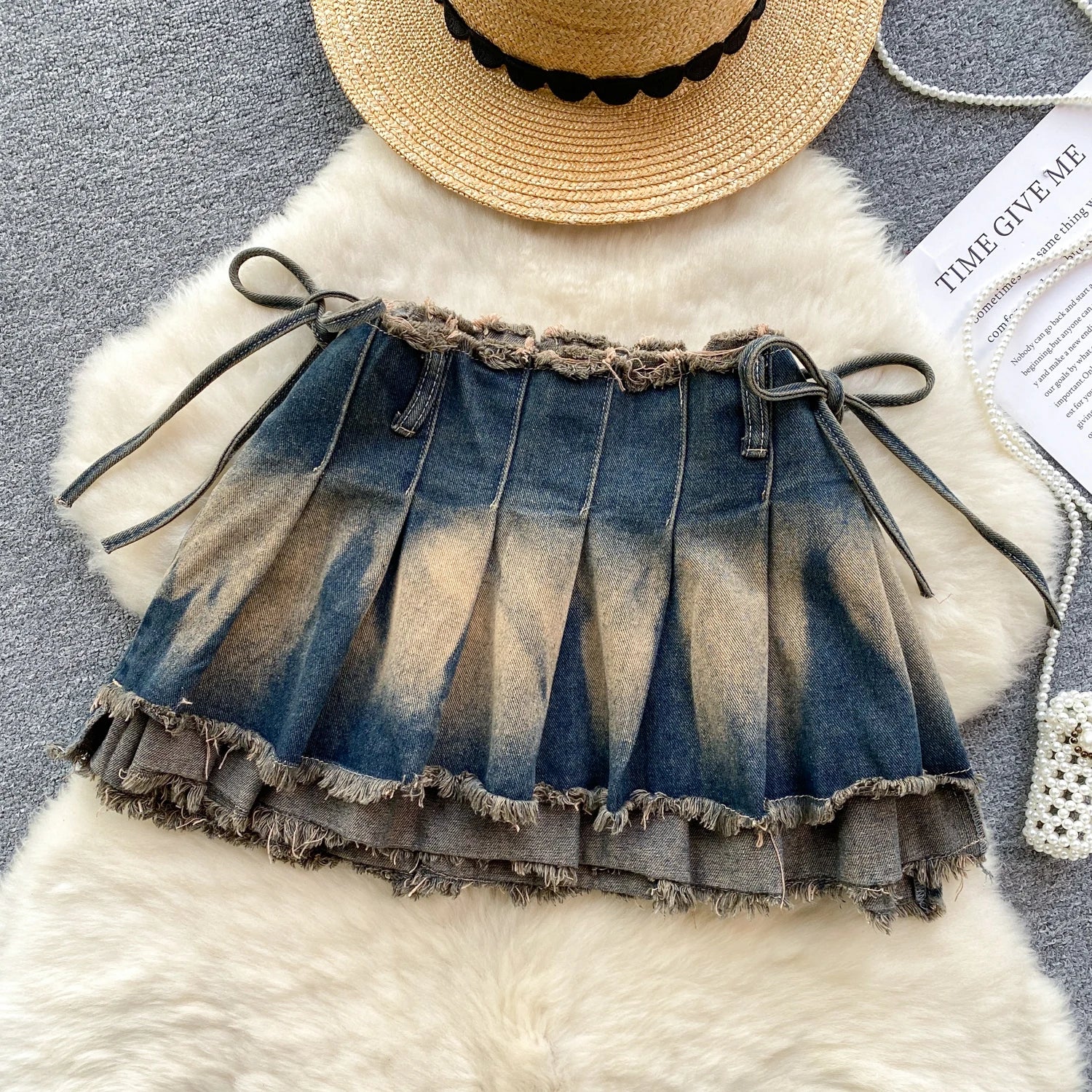 Distressed Denim High-waist Pleated Mini Skirt on Luulla
