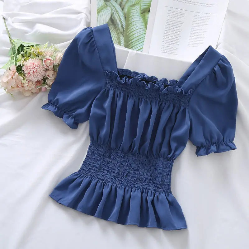Stylish Blue Off Shoulder Ruffle Blouse on Luulla