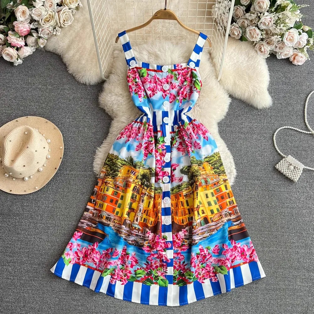 Floral Print Striped Sundress With Buttons on Luulla