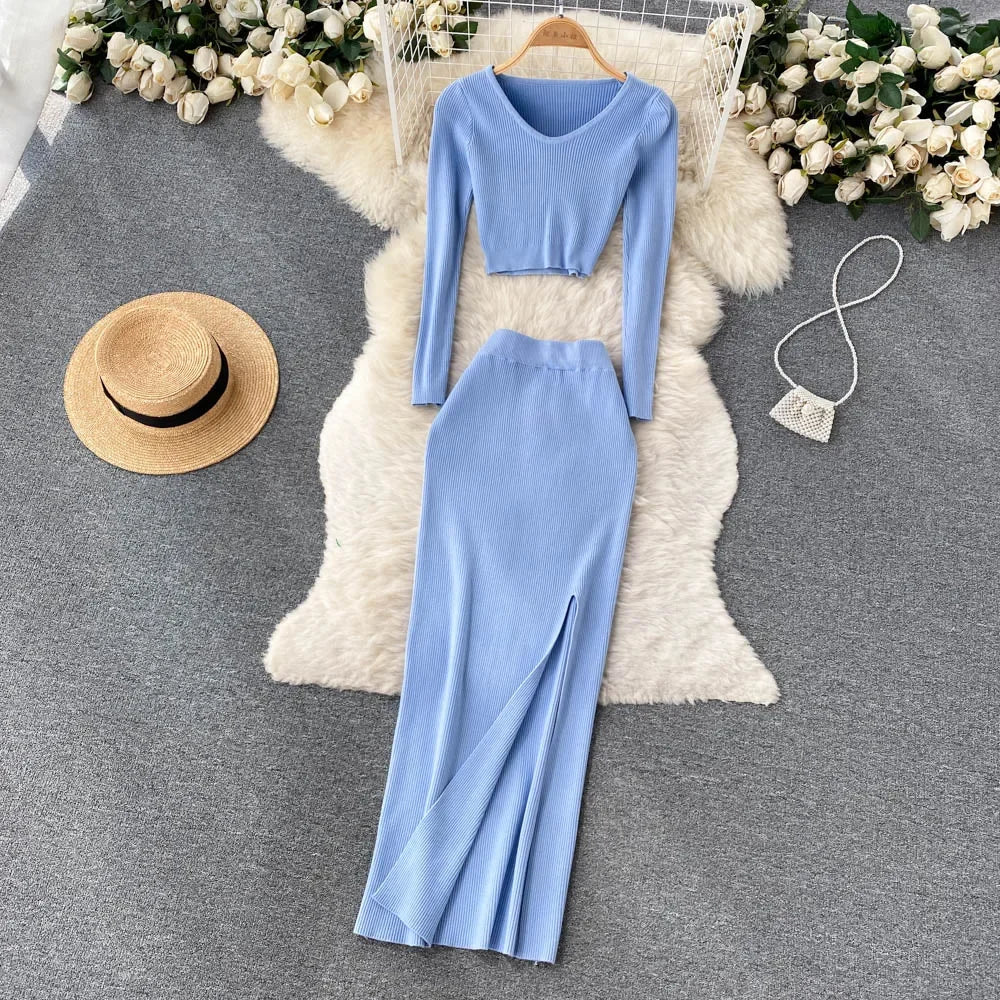 Elegant Blue Ribbed Two-piece Knit Outfit on Luulla
