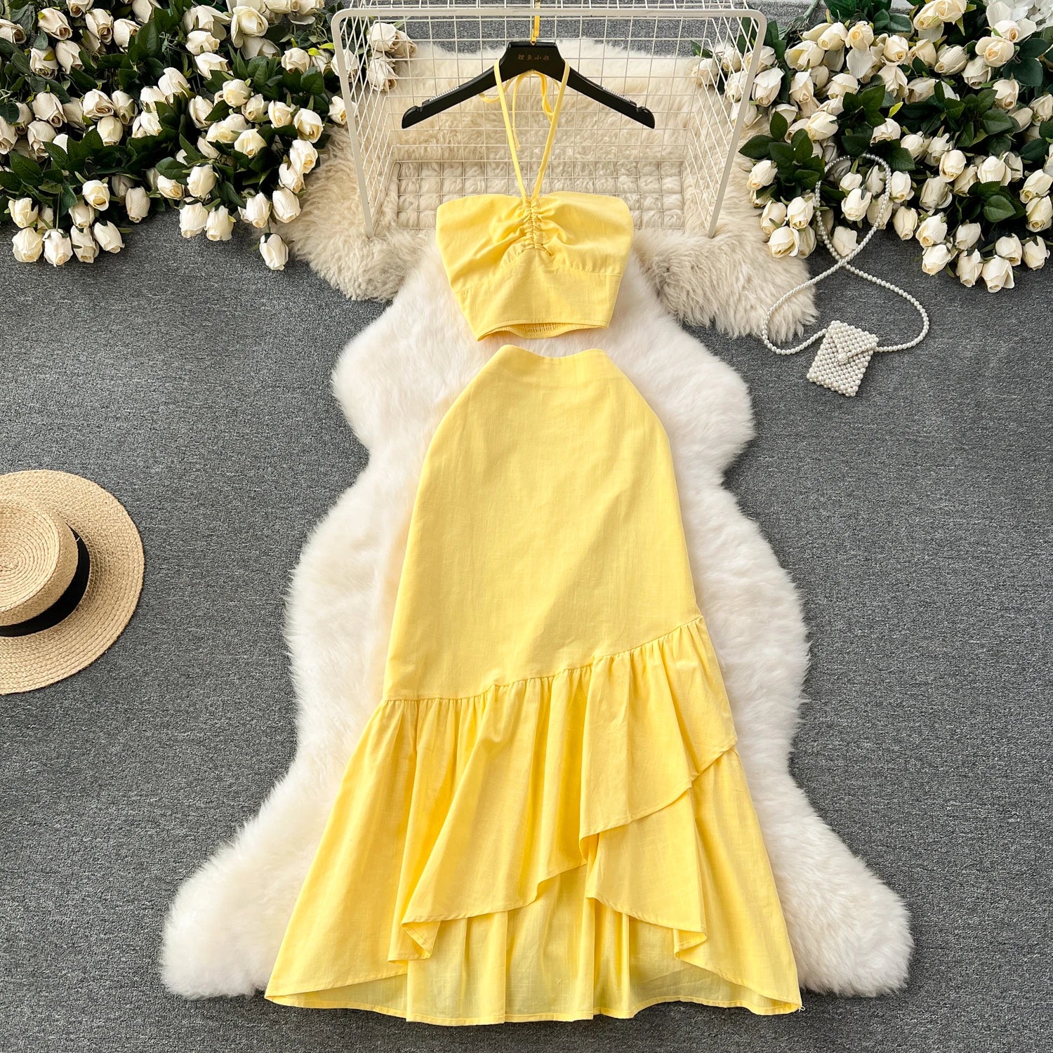 Yellow Halter Midi Dress With Ruffle Hem on Luulla