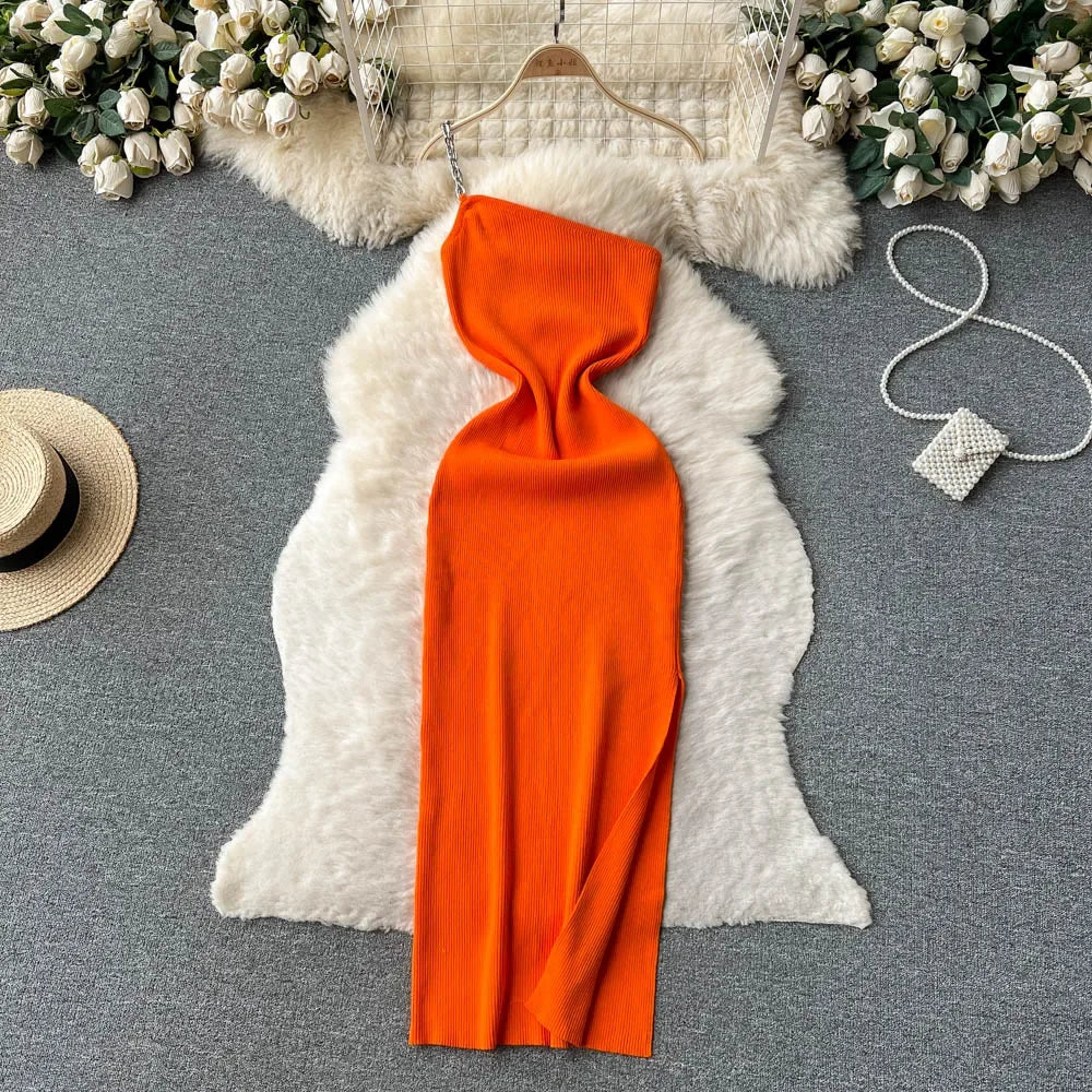One-shoulder Orange Ribbed Knit Maxi Dress on Luulla