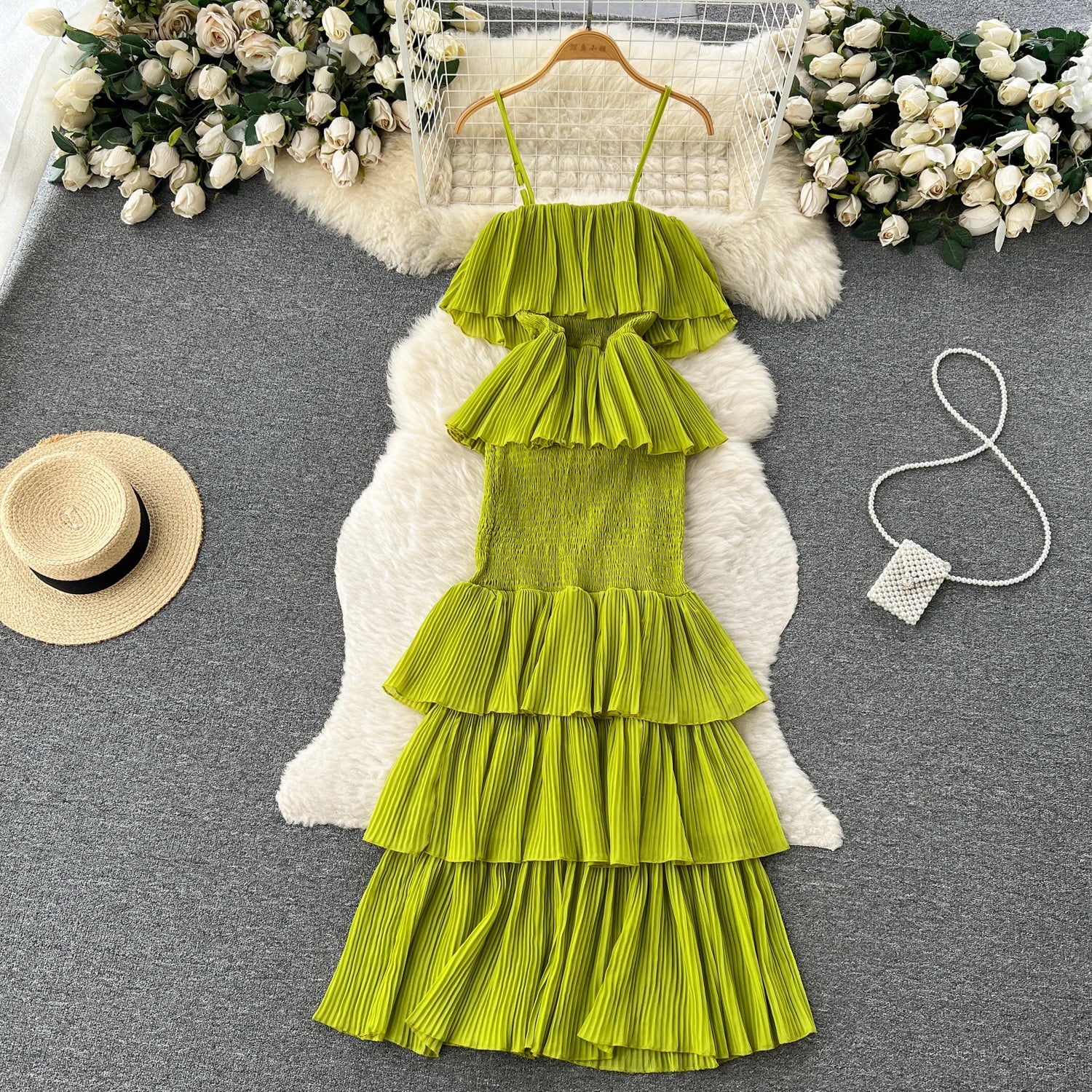 Elegant Tiered Pleated Ruffle Maxi Dress on Luulla